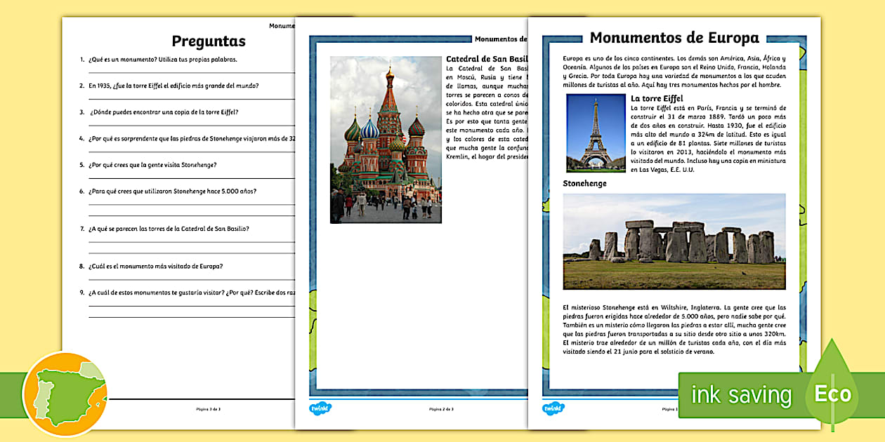 Comprensión lectora: Los monumentos de Europa - Twinkl