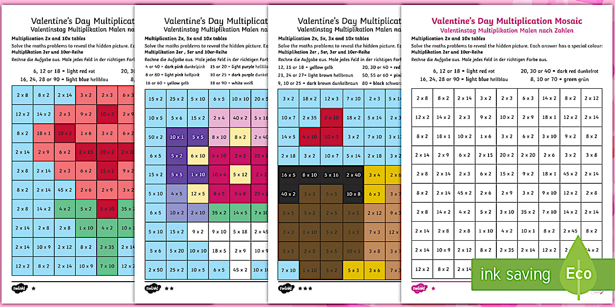 Valentine's Day Themed Multiplication Mosaics Worksheets English/German