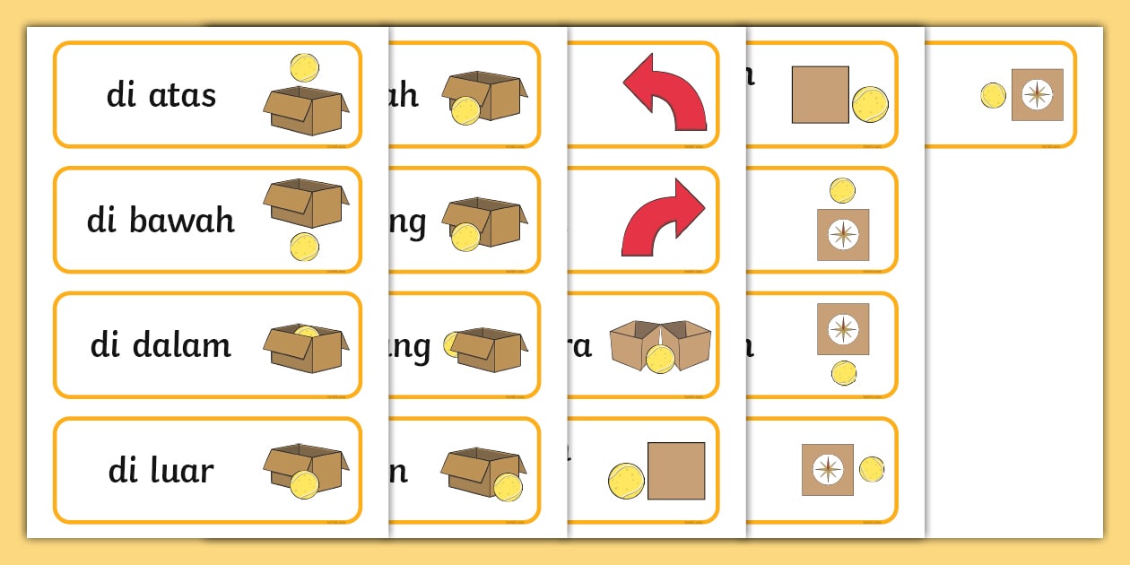 Prepositions Positional Language Word Cards - Indonesian
