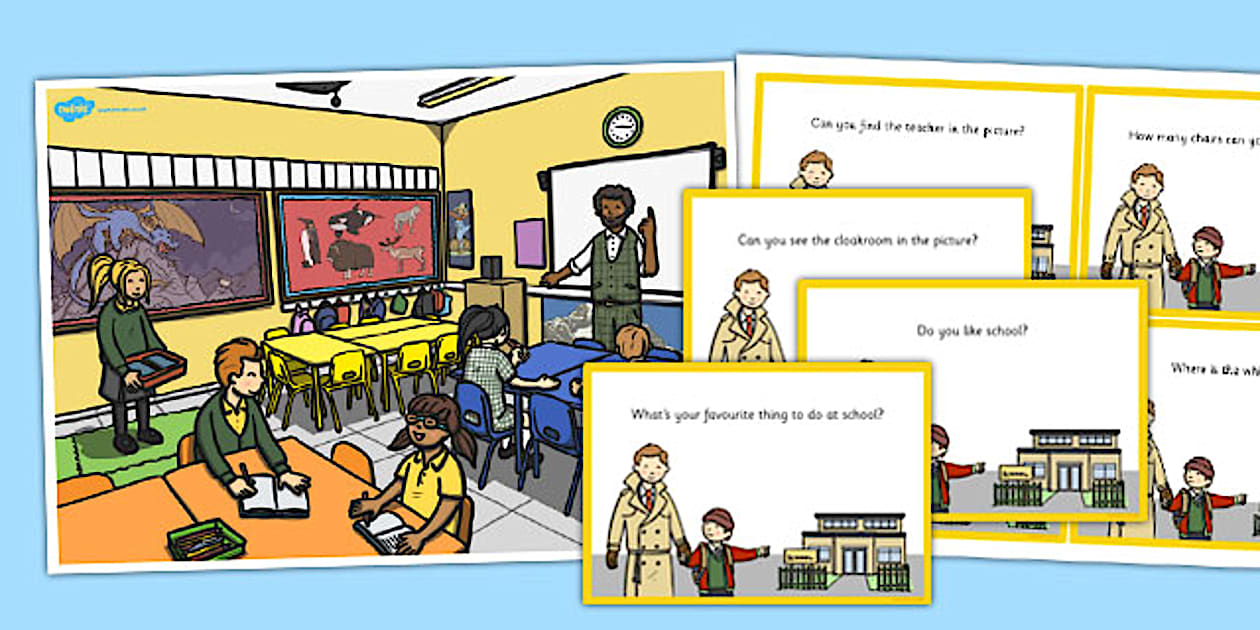 School Scene and Question Cards - Twinkl