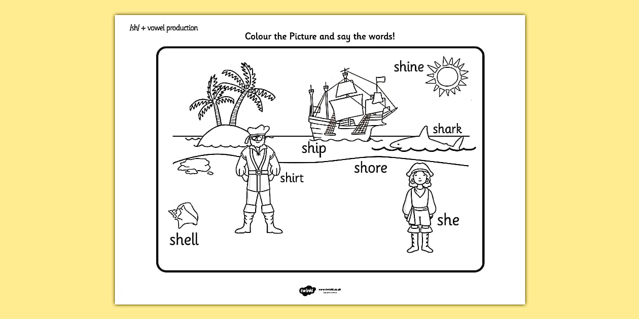sh Sound Word Production Colouring Scene - ESL Pronunciation Resources