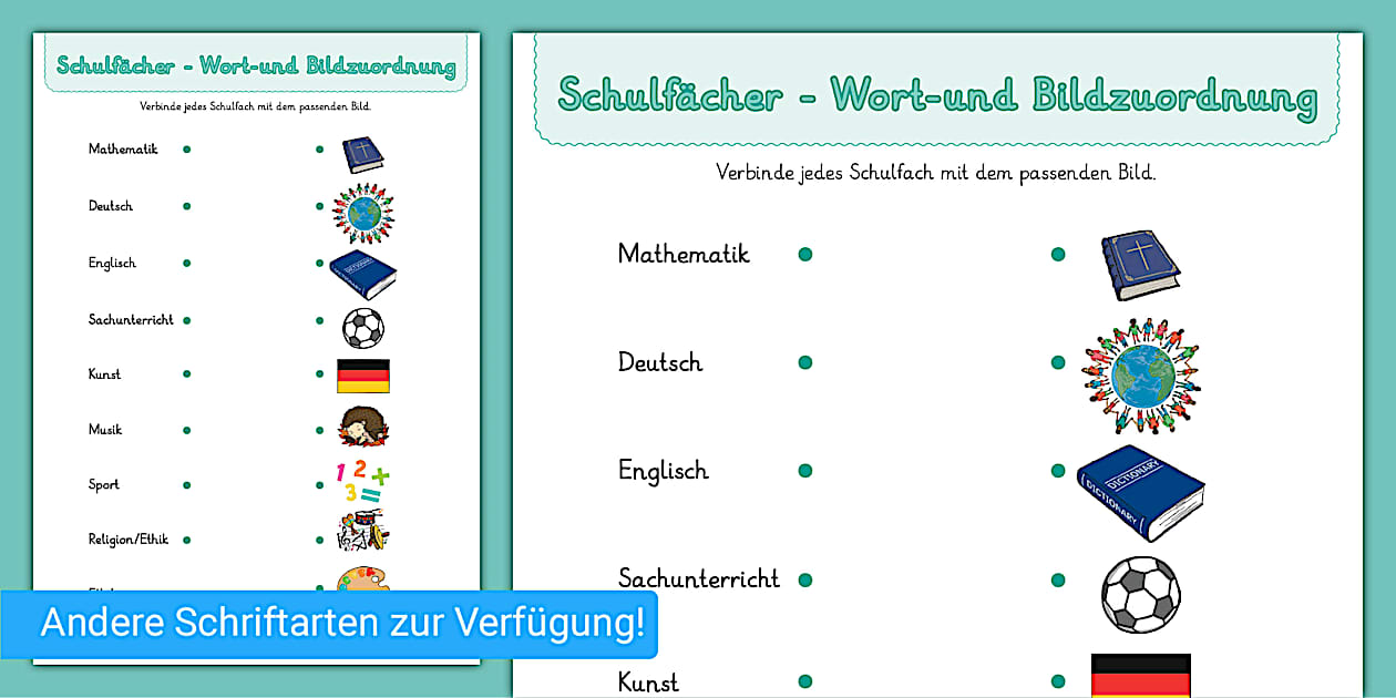 DaZ: Schulfächer - Wort-und Bildzuordnung