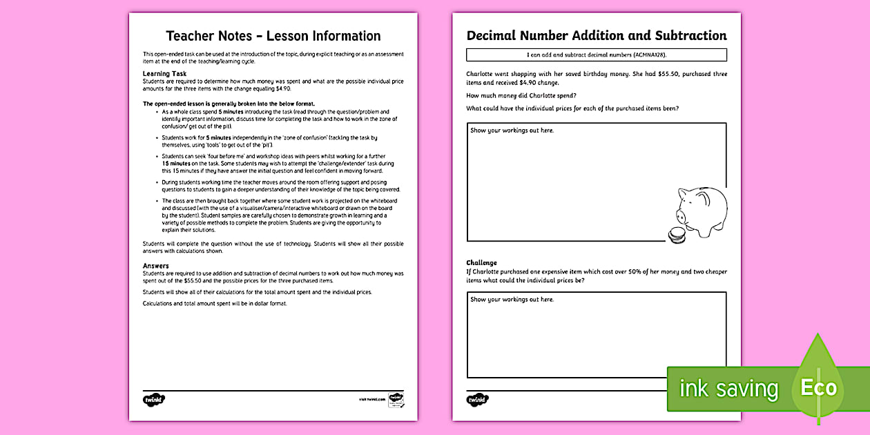 VIC Decimal Number Addition and Subtraction Open-Ended Task Worksheet