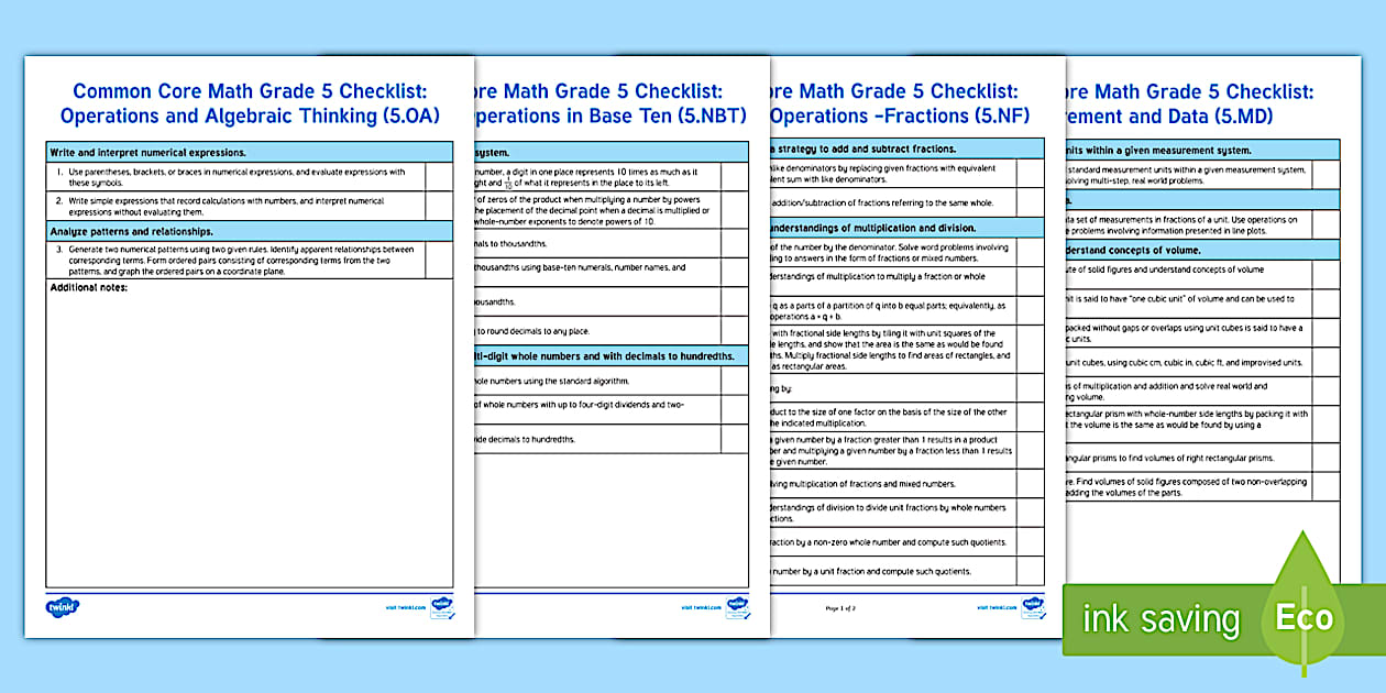 Fifth Grade Common Core Math Standards Teacher Checklist