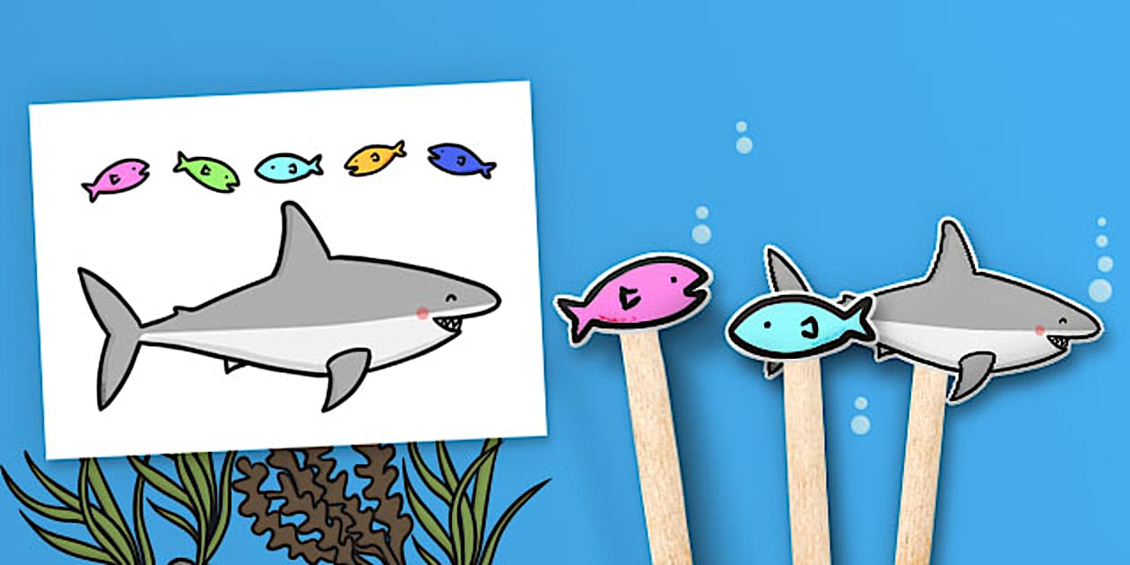 Black and White Five Little Fishes Rhyme Stick Puppets