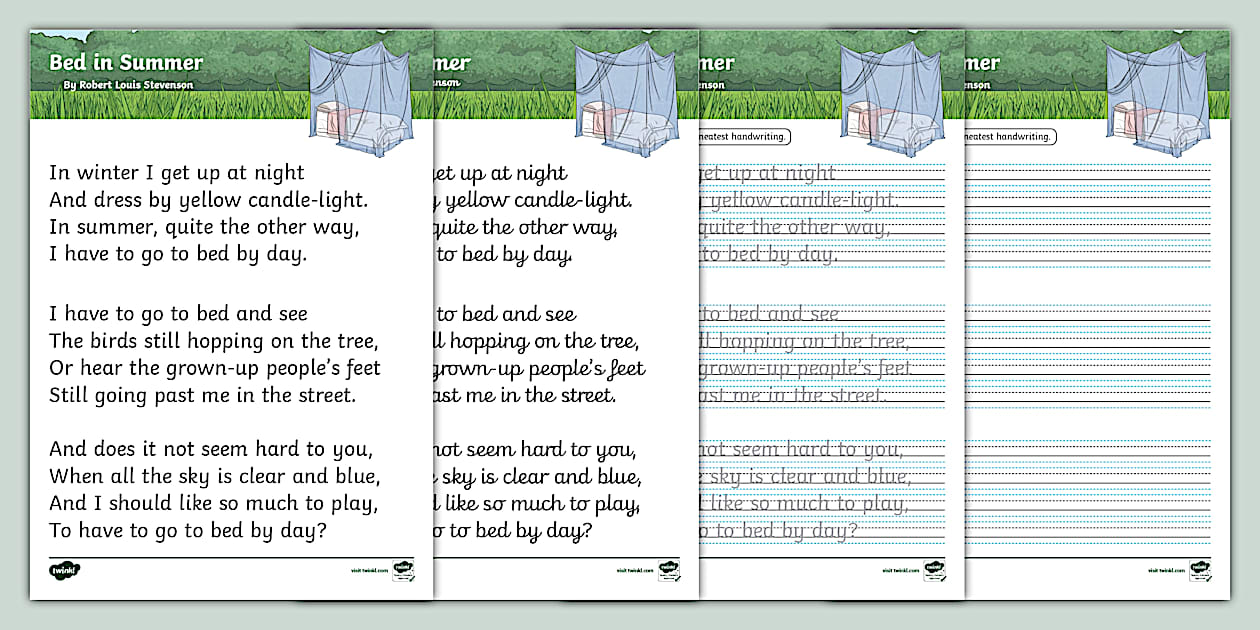 Bed in Summer by Robert Louis Stevenson Handwriting Activity