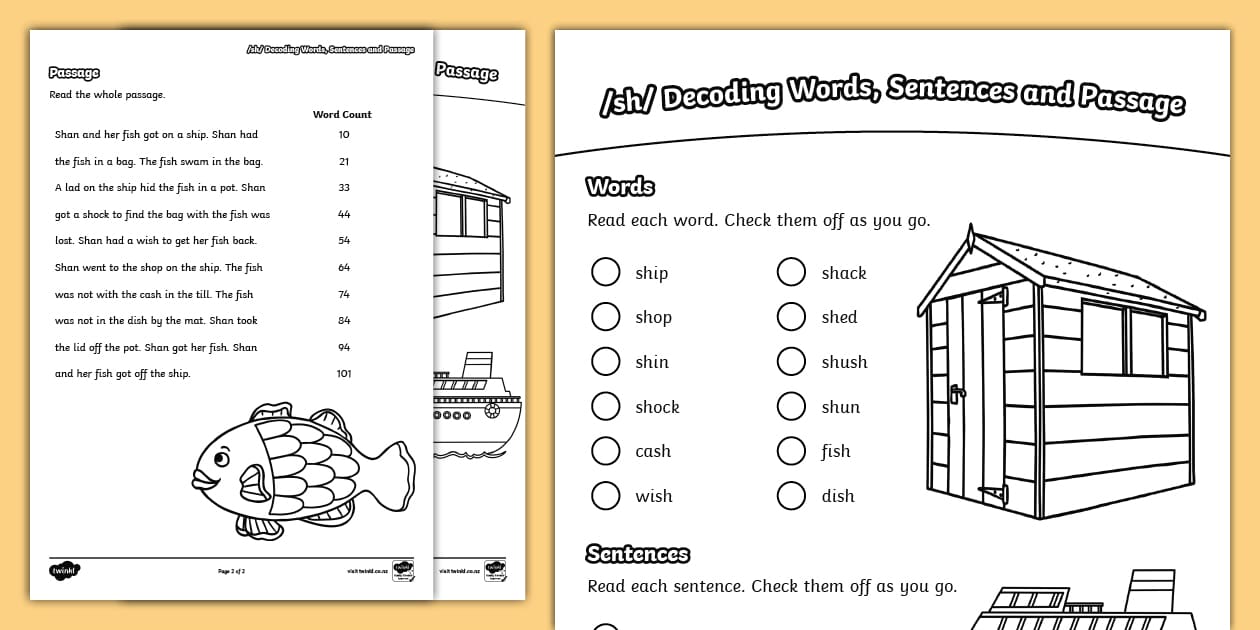 /sh/ Decoding Words, Sentences and Passage - Twinkl