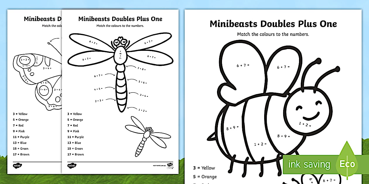 Editable Minibeasts Doubles Plus One Colour by Number