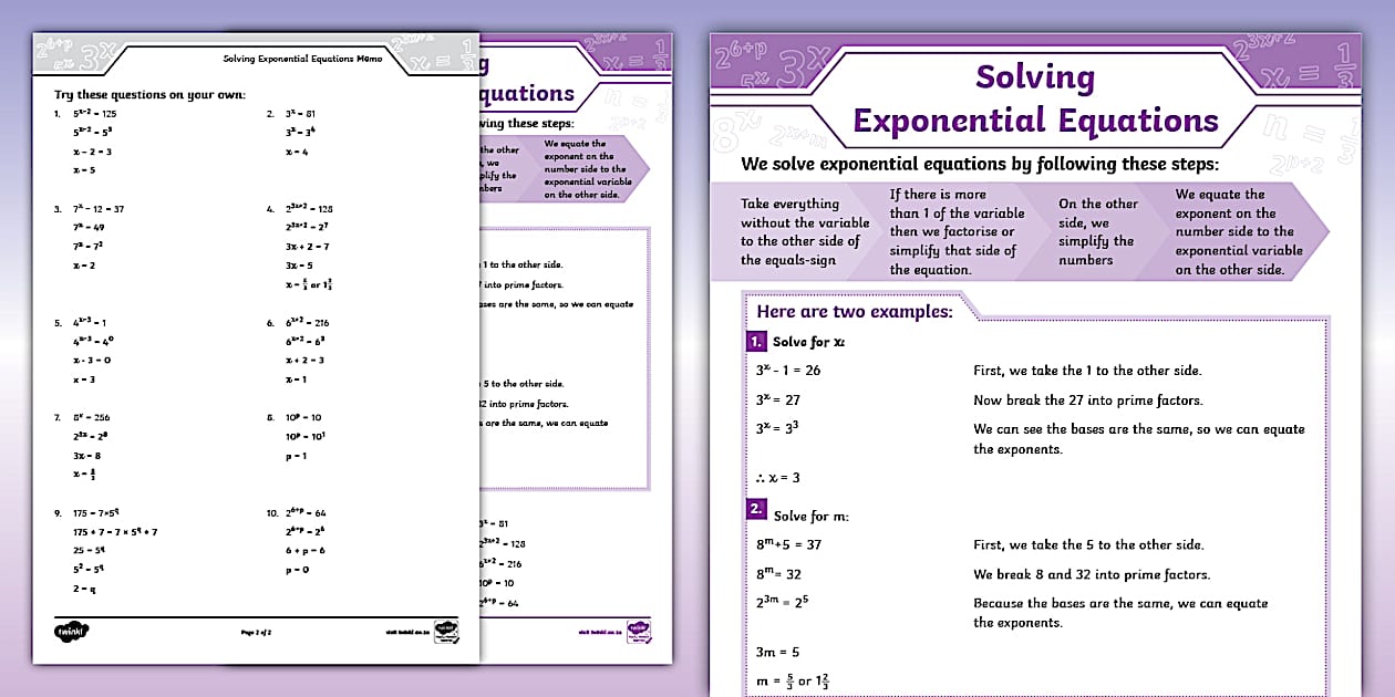 Solving Exponential Equations Activity Sheet (Teacher-Made)