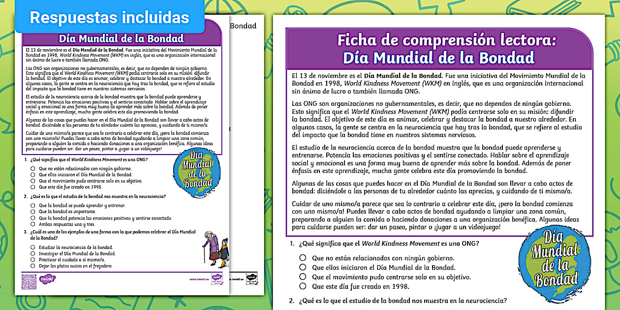 Comprensión lectora: Día Mundial de la Bondad - Twinkl