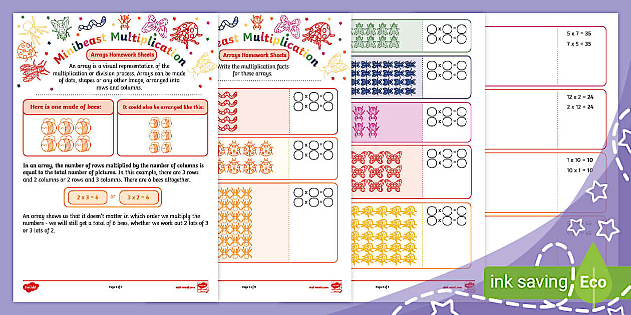 Minibeast Multiplication Arrays Activity - Homework Sheets