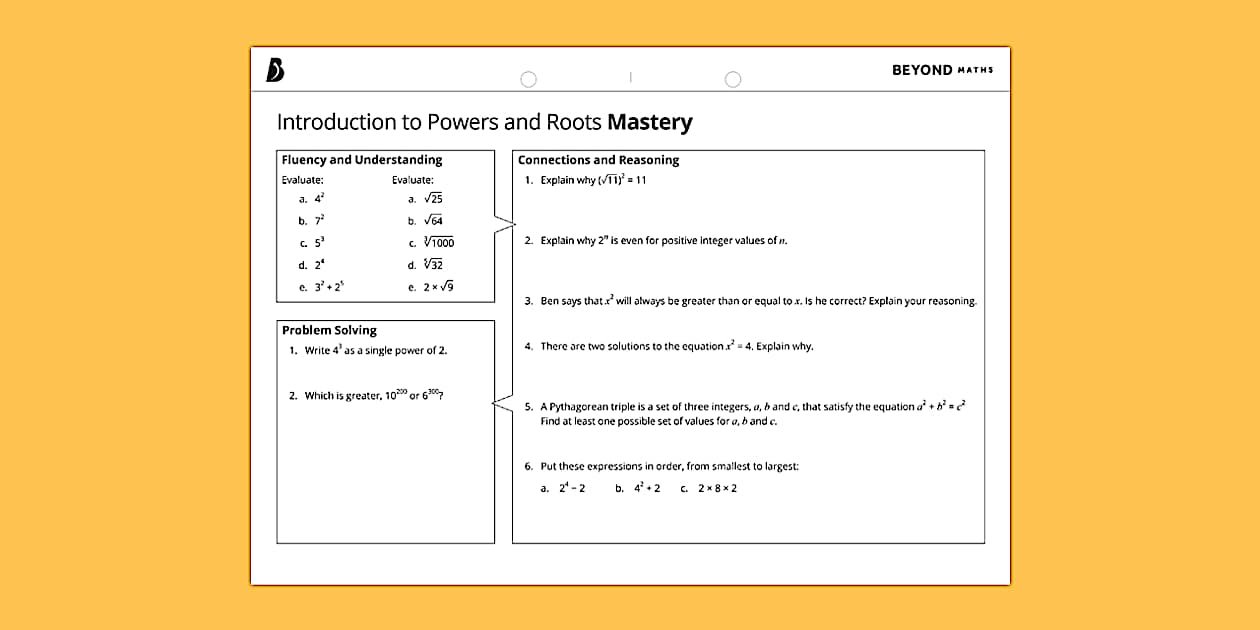 👉 Introduction to Powers and Roots Mastery Worksheet