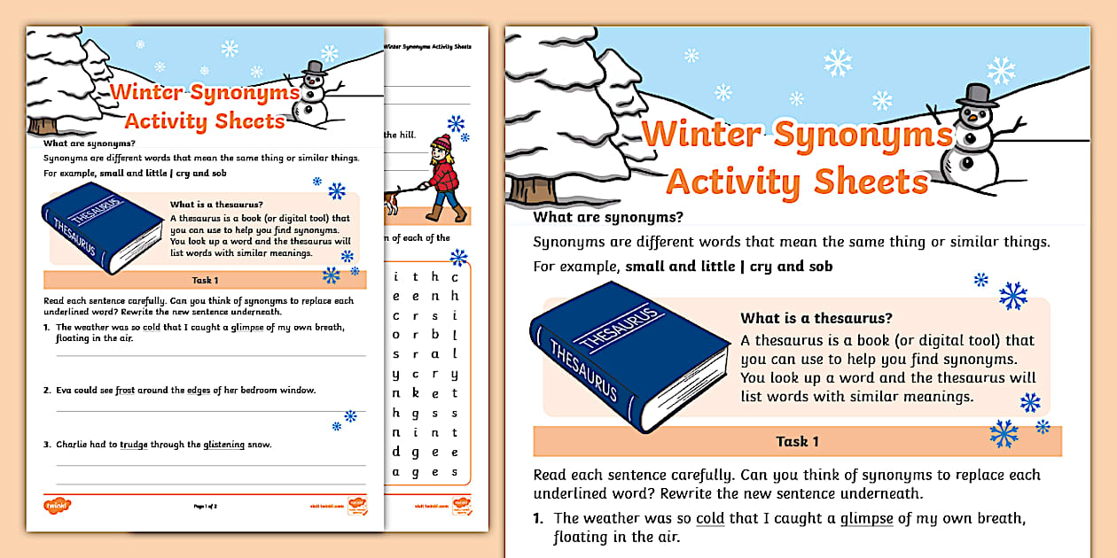 Winter Synonyms Activity Sheets (Teacher-Made) - Twinkl