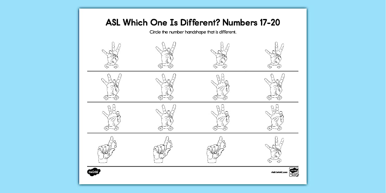 ASL Which One Is Different? Numbers 17-20 Worksheet - Twinkl