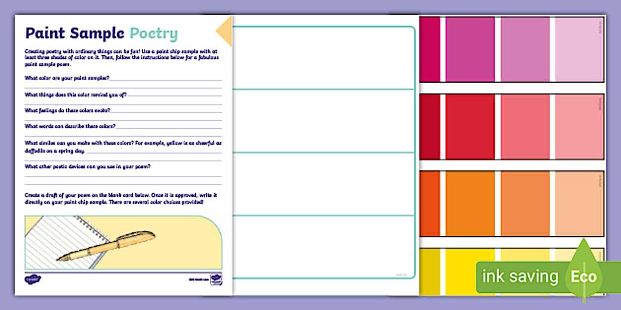 Paint Sample Poetry Worksheet for 3rd-5th Grade - Twinkl
