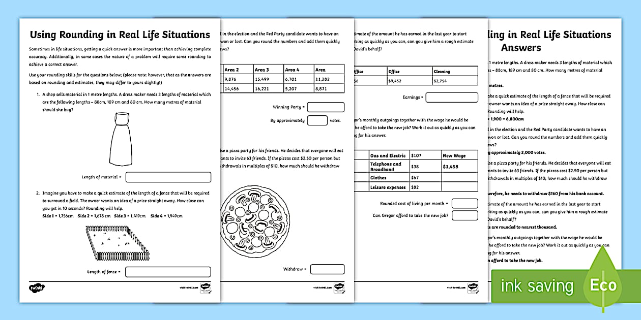 Using Rounding in Real Life Situations Worksheet / Worksheet