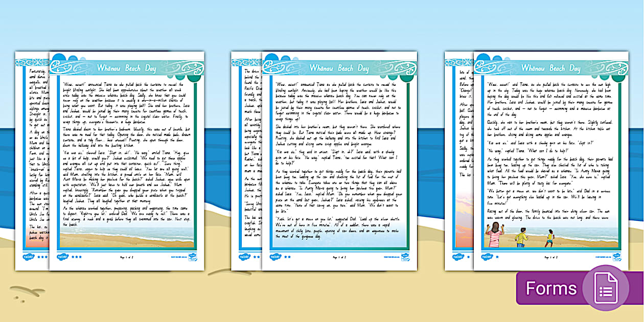 Whānau Beach Day Reading Comprehension (teacher made)