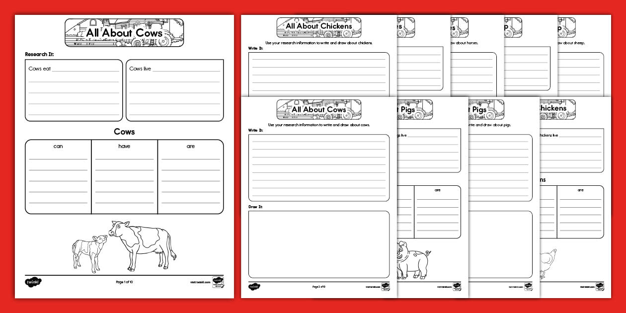 All About Farm Animals Research, Write, and Draw Activity
