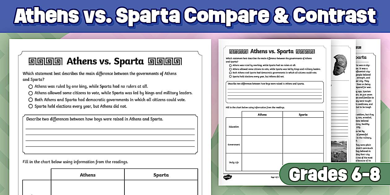 Athens vs. Sparta Compare and Contrast Worksheet for 6-8 Gr