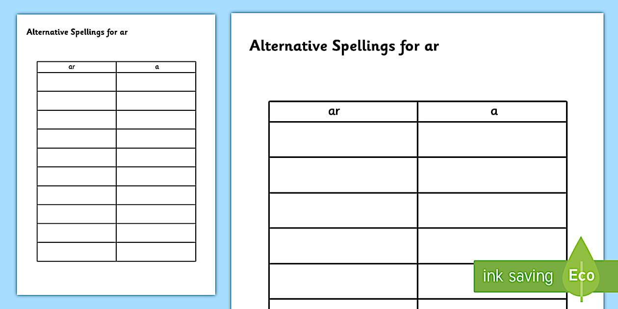 Alternative Spellings for ar Table Worksheet (teacher made)