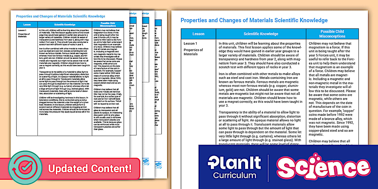 Science: Properties and Changes of Materials: Y5 CPD Sheet