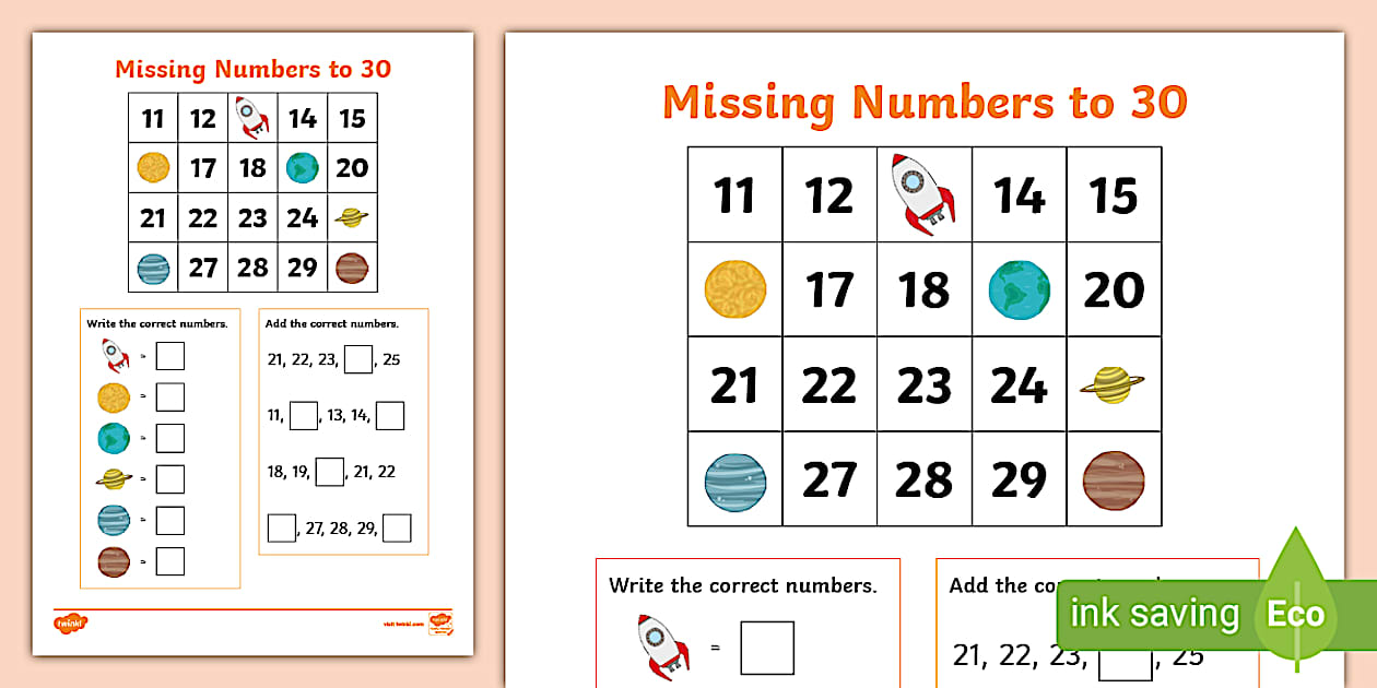 Space Themed Missing Numbers to 30 Activity Sheet - Twinkl