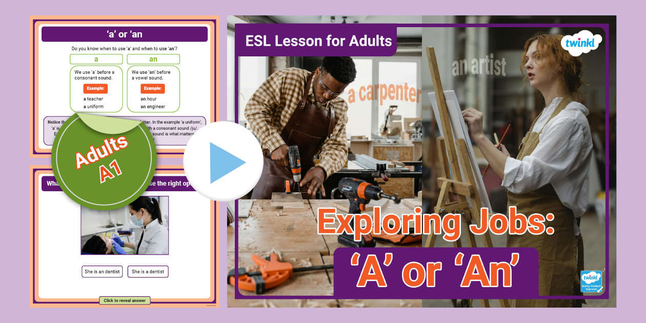 ESL Exploring Jobs: 'A' or 'An' PPT Lesson [Adults, A1]