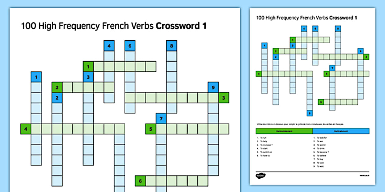 100 High Frequency French Verbs Crossword 1 (teacher made)