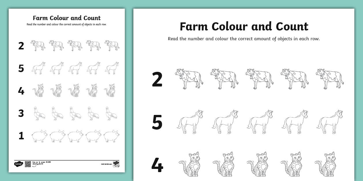 Farm Themed Count and Colour Sheet (teacher made) - Twinkl