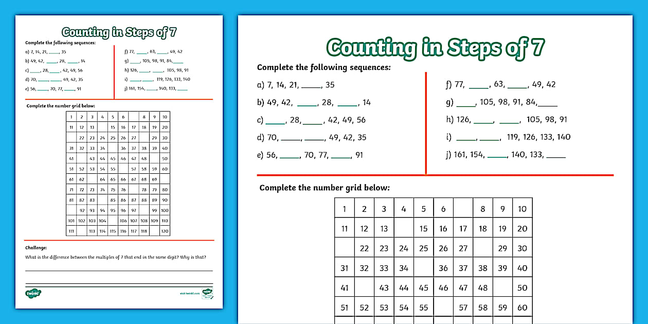 Counting in 7 Worksheet (teacher made) - Twinkl