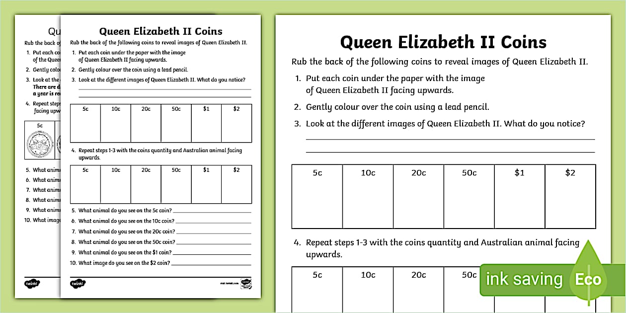 Queen Elizabeth II Coins Worksheet / Worksheet - Twinkl