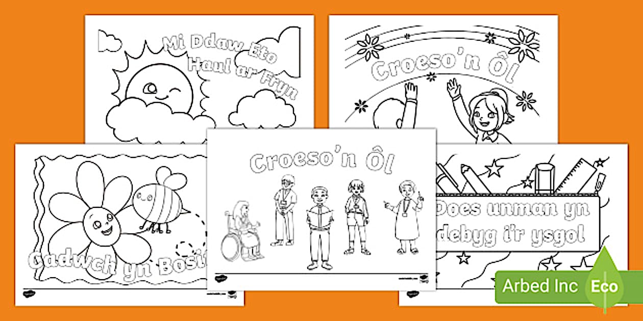 Taflenni Lliwio Croeso’n Ôl gweithgaredd lliwio hyfryd