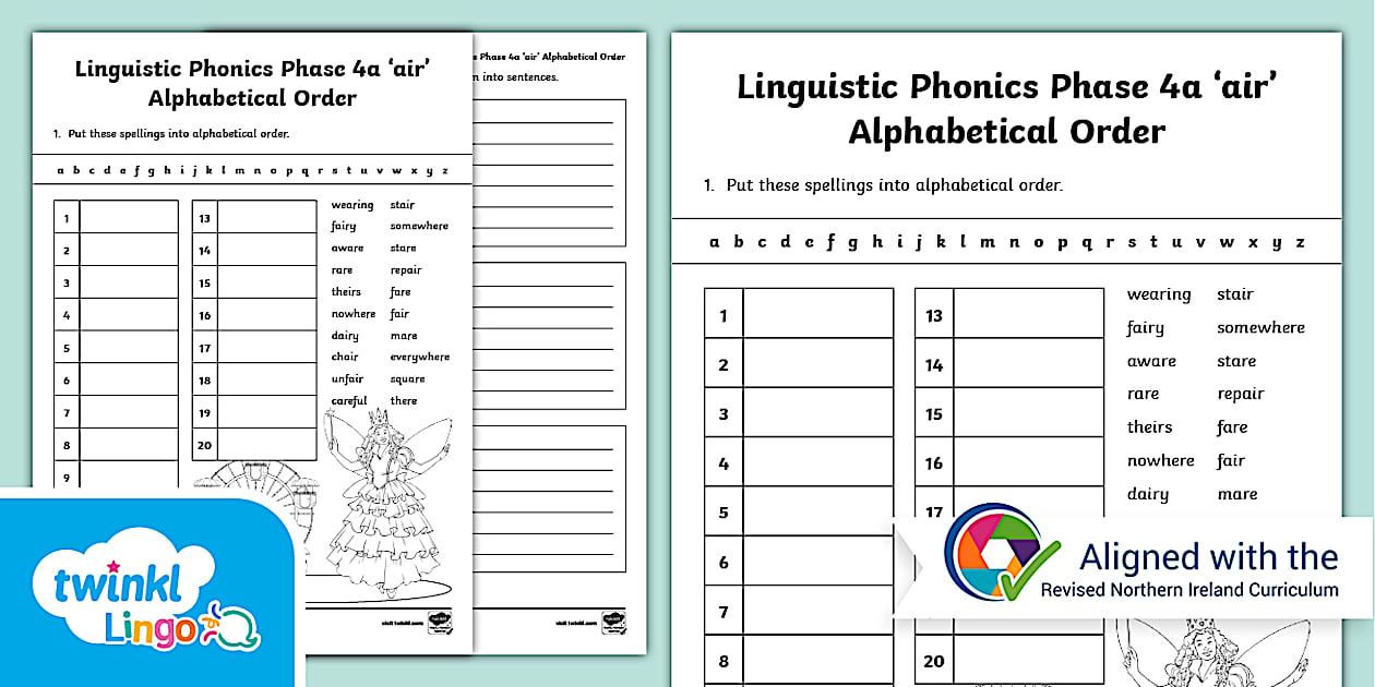 Linguistic Phonics Phase 4a 'air' Alphabetical Order