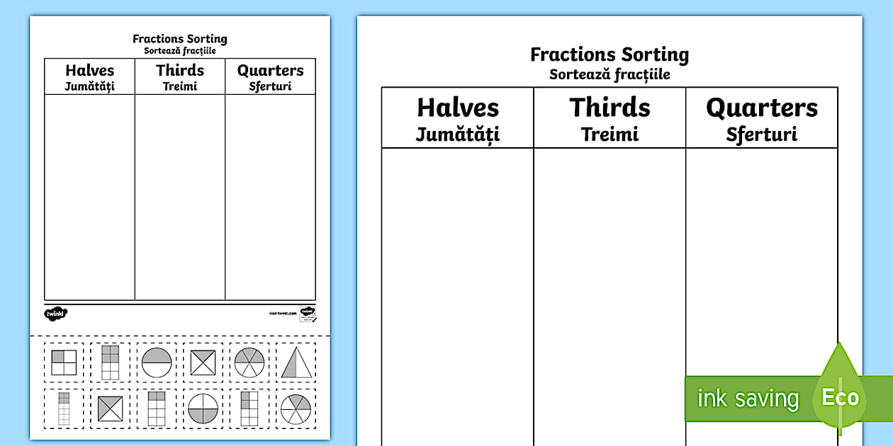 Fractions Sorting Worksheet / Worksheet English/Romanian - Halves and ...