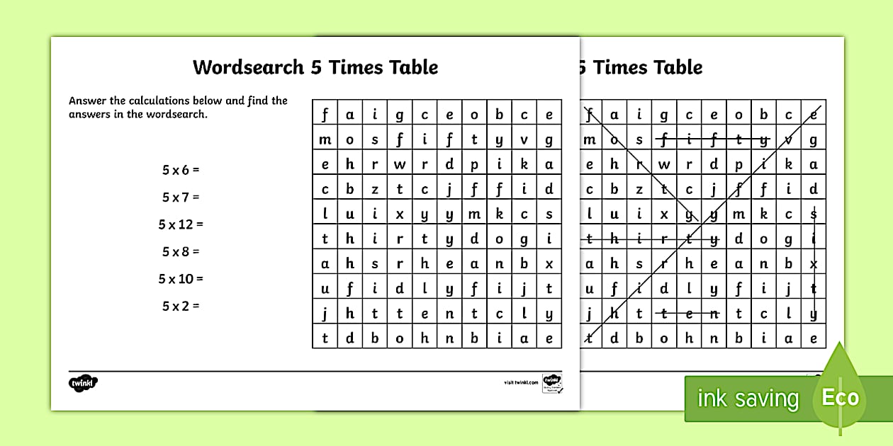 Multiplication 5 Times Tables Wordsearch Worksheet - Twinkl