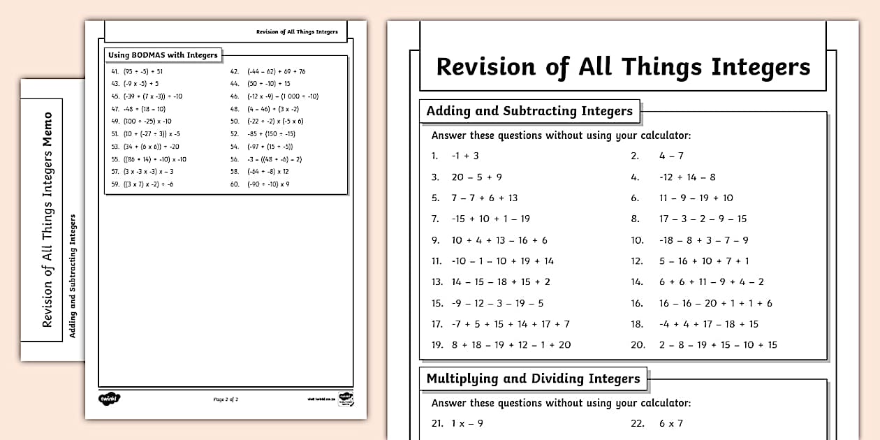 Revision of All Things Integers: Worksheet: Grade 7 - Twinkl