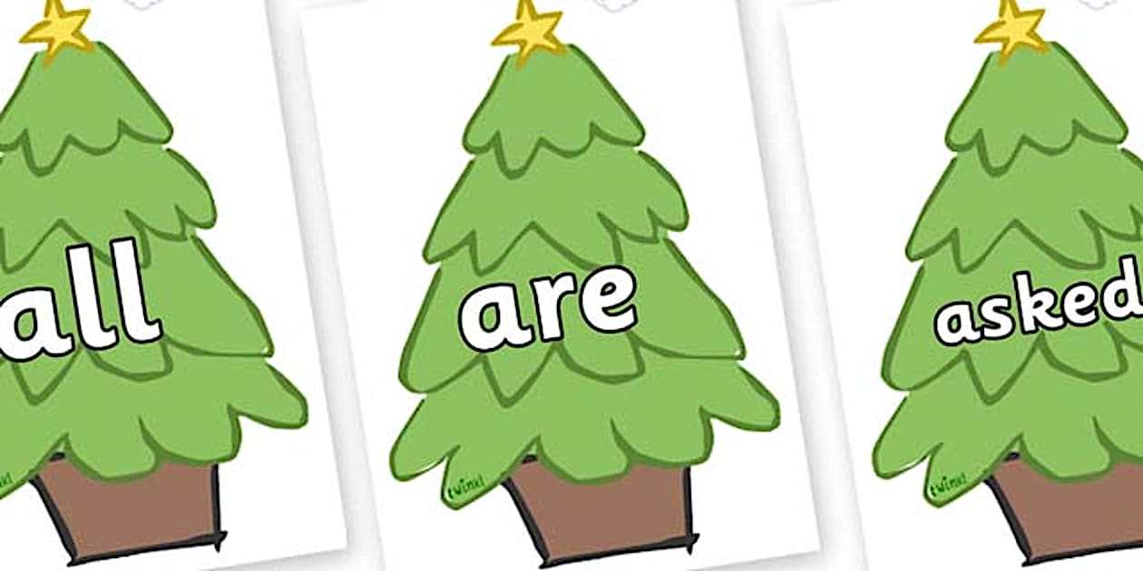 Cursive Tricky Words on Christmas Trees (Plain) - Twinkl