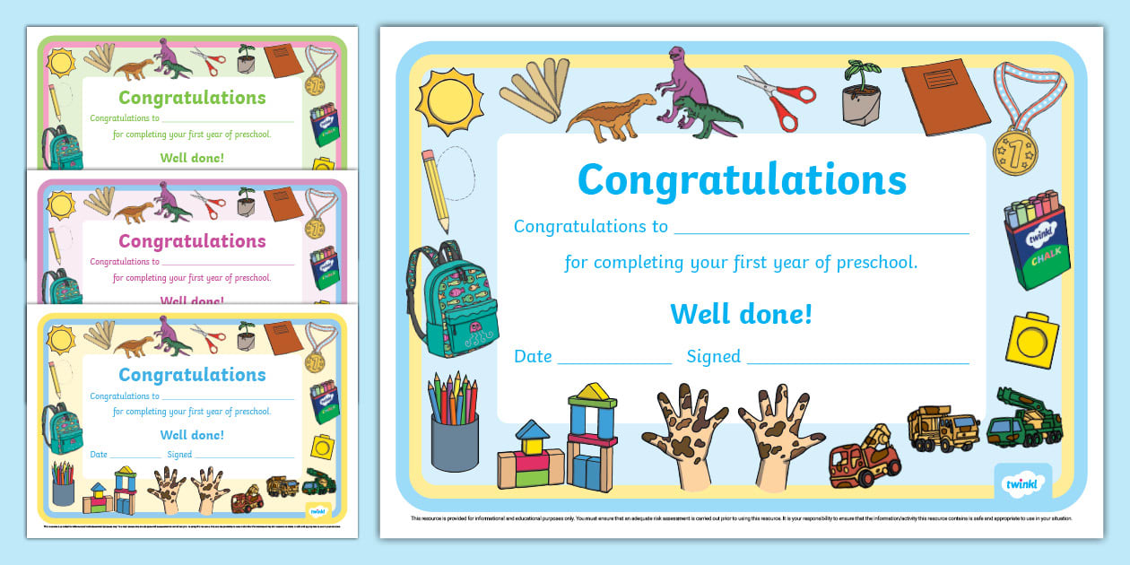 First Year of Preschool Completed Certificate (Editable)