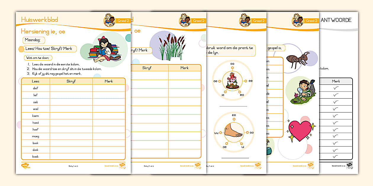 Graad 2 Klanke Huiswerkblad Hersiening ie, oe - Twinkl