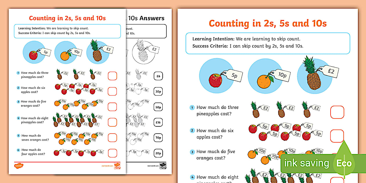 Counting in 2s 5s and 10s Fruit Shop Worksheet - - Twinkl