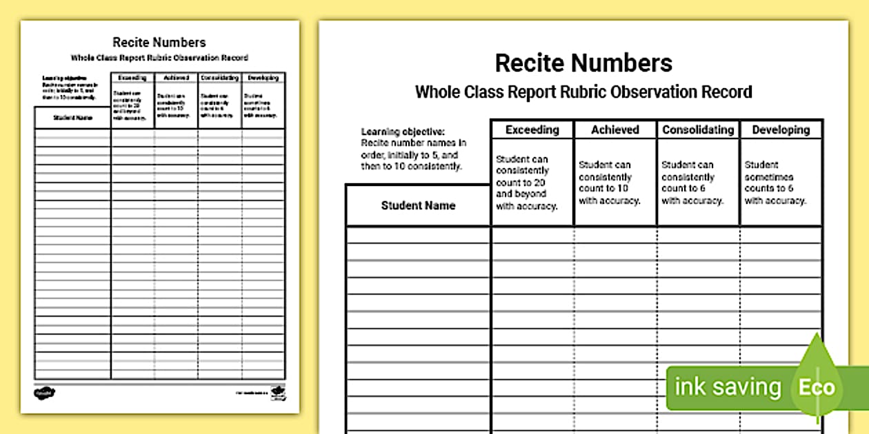 Editable Recite Numbers EYLF Assessment Rubric/Guide to Making Judgement
