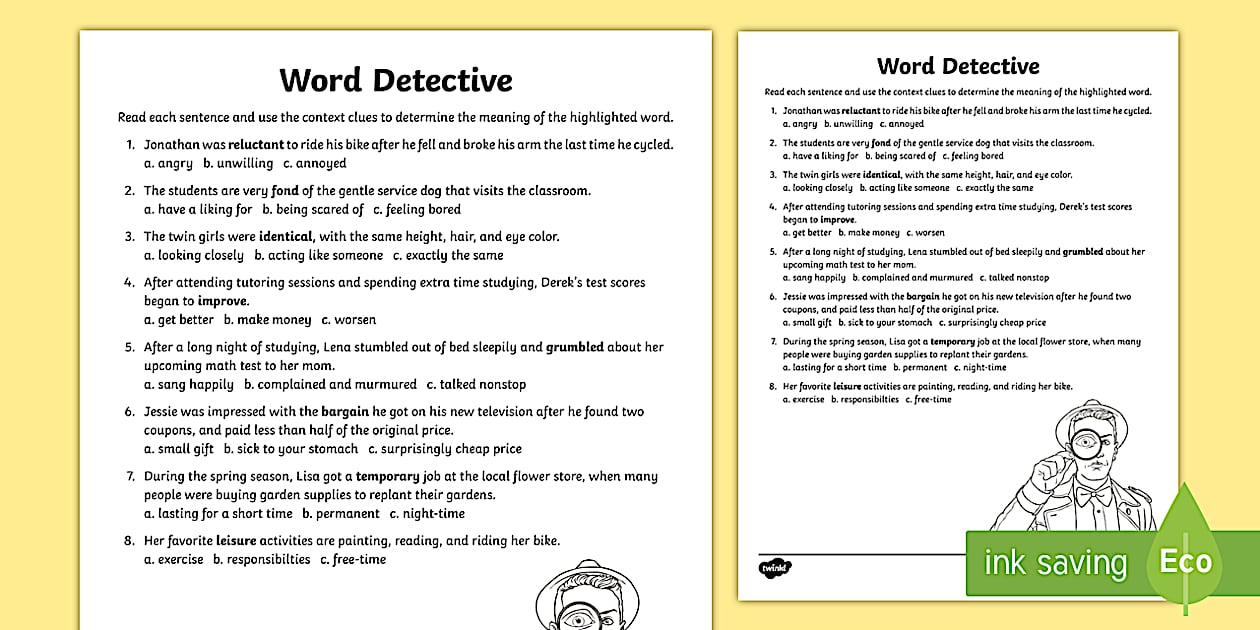 Editable Word Detective: Context Clues Activity Worksheet for 3rd-5th Grade