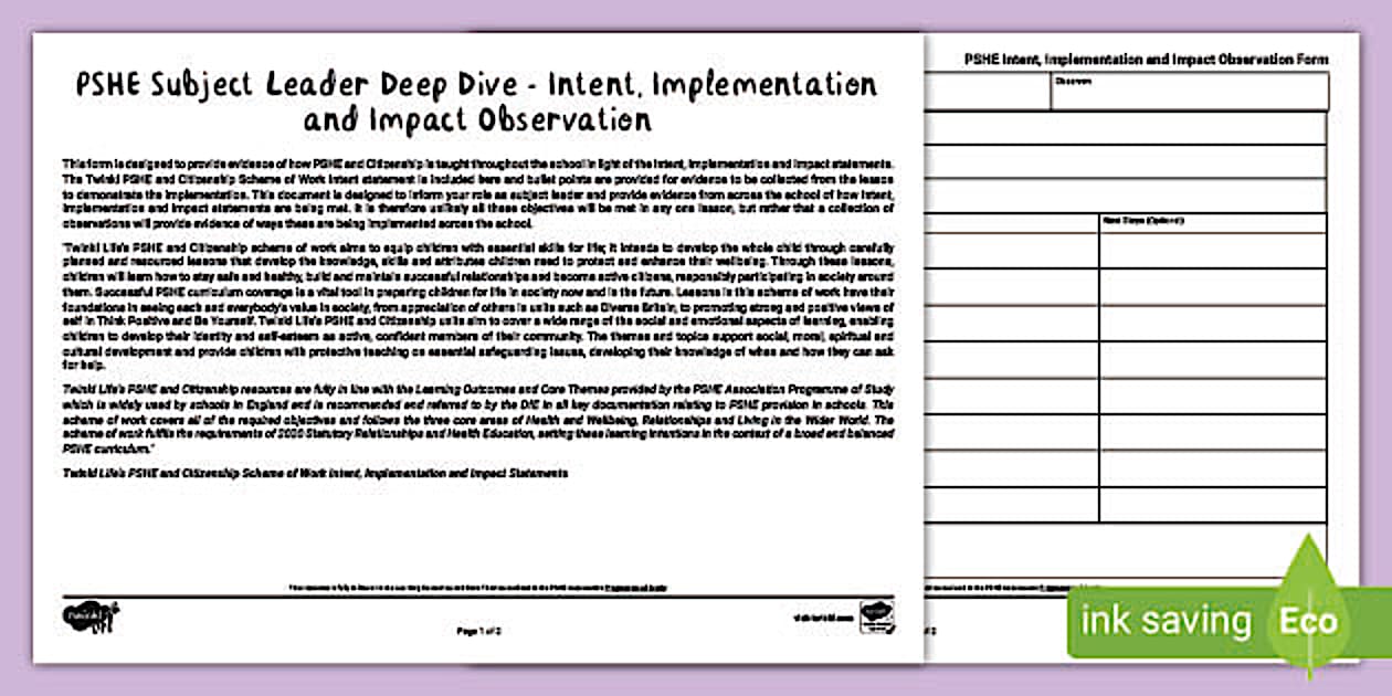 PSHE Intent, Implementation and Impact Observation Form