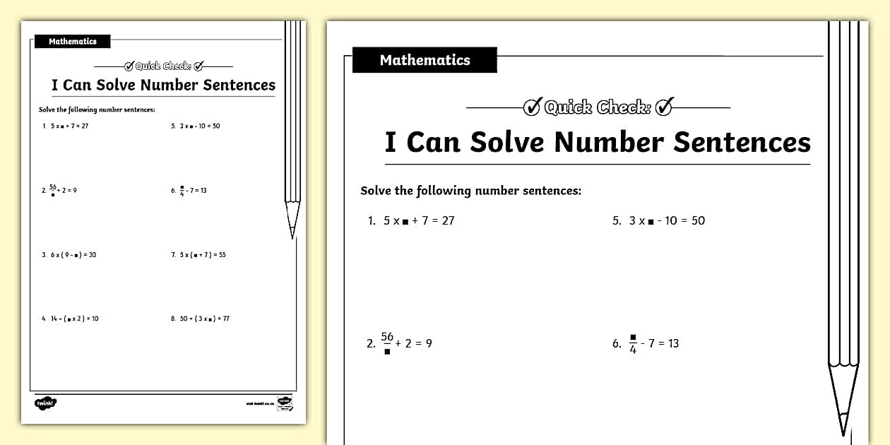 Quick Check: I Can Solve Number Sentences Activity Sheet