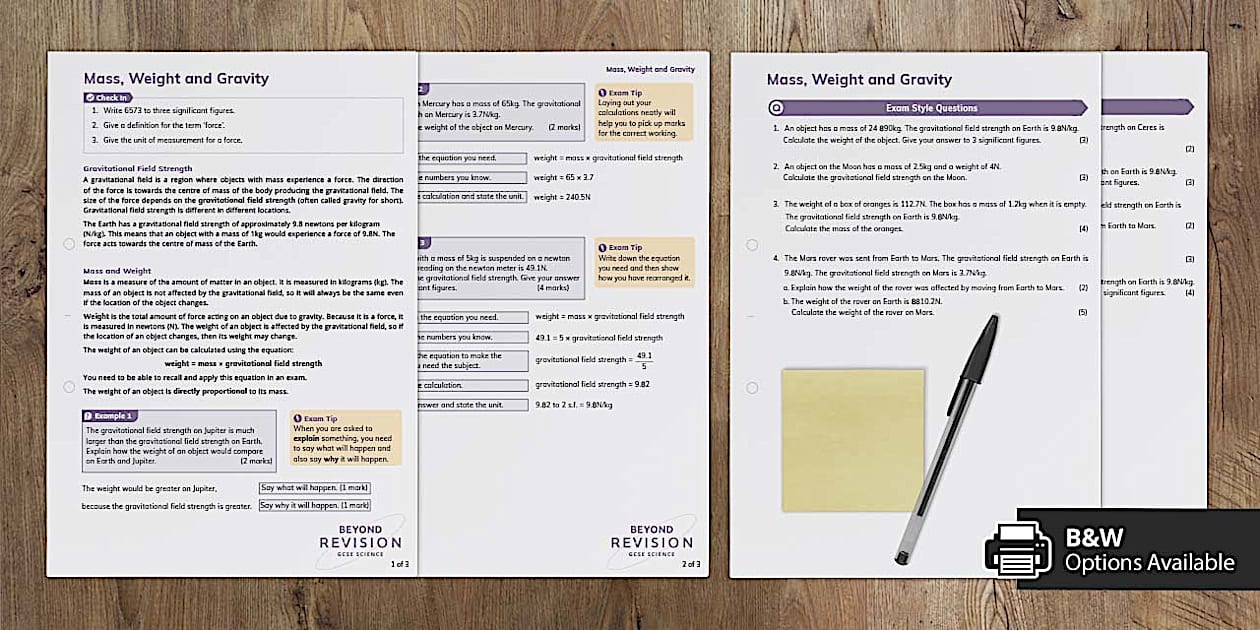 Mass, Weight and Gravity Revision Worksheet |Science| Beyond