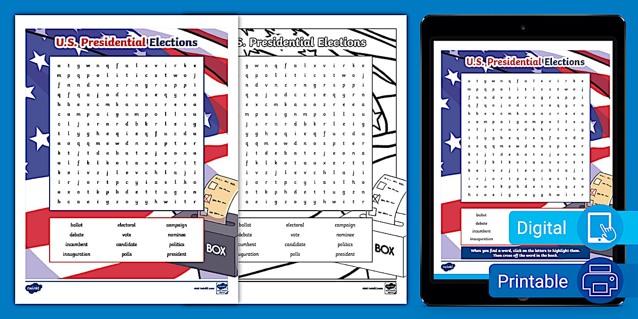 U.S. Presidential Elections Word Search for 3rd-5th Grade