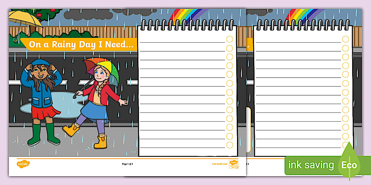 On a Rainy Day I Need Writing Activity - Twinkl - KS1
