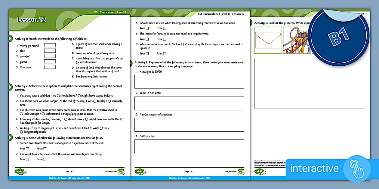 ESL Curriculum Level 8, Lesson 12 Interactive Worksheet