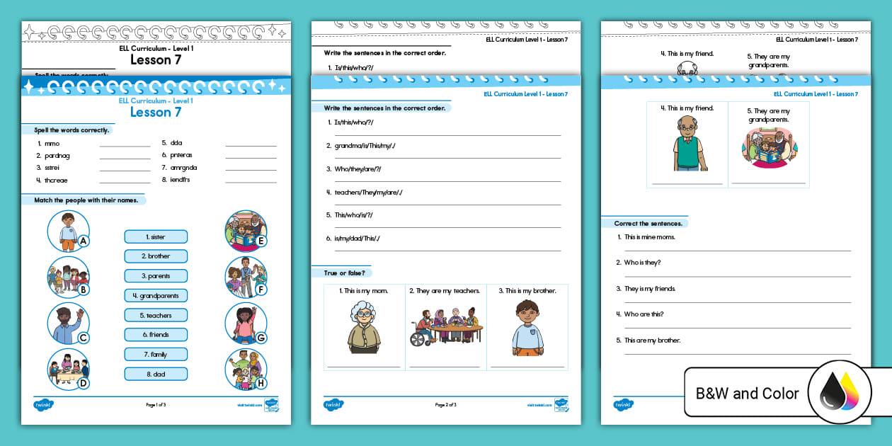 ELL Curriculum: Level 1, Lesson 7 Worksheet (teacher made)