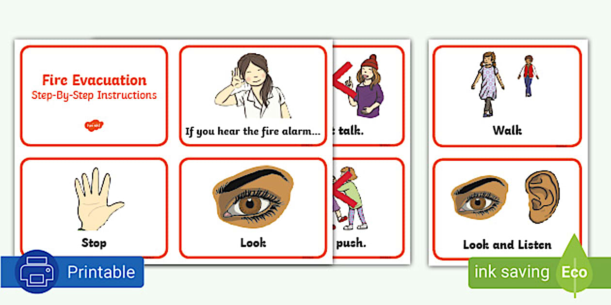 Fire Evacuation Cards Step-by-Step Instructions - Twinkl